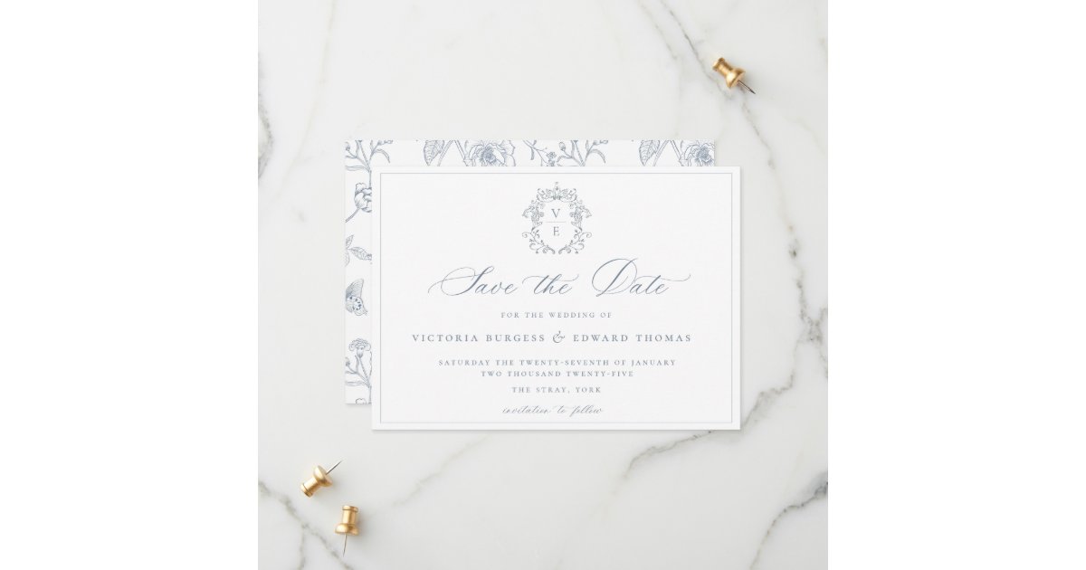 Dusty Blue Crest Monogram Wedding QR Code Save The Date | Zazzle