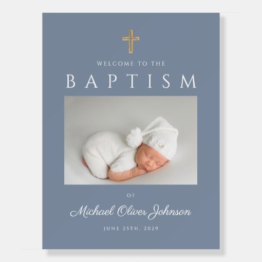 Dusty Blue Cross Photo Boy Baptism Welcome Foam Board | Zazzle