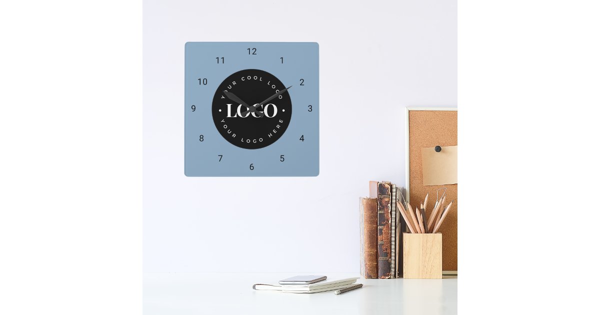 Dusty Blue Custom Logo Business Company Office Square Wall Clock | Zazzle