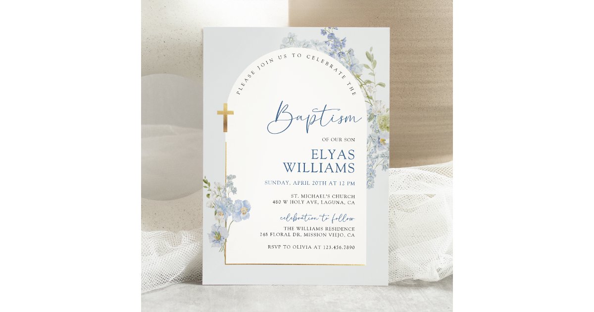 Dusty Blue Delphinium Floral Arched Boy Baptism Invitation | Zazzle