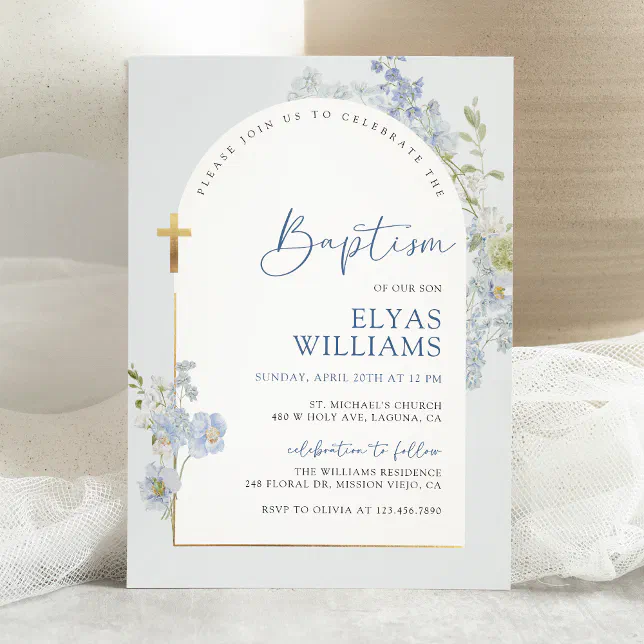 Dusty Blue Delphinium Floral Arched Boy Baptism Invitation | Zazzle