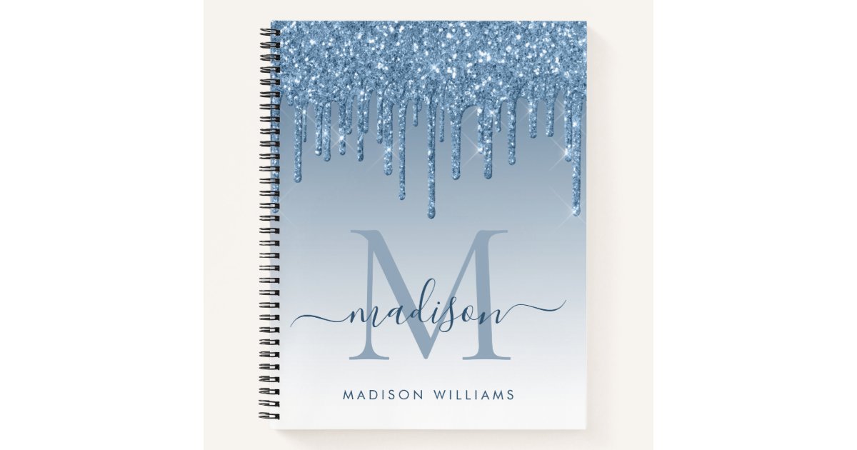 Dusty Blue Drips Glitter Sparkle Monogram Script Notebook | Zazzle