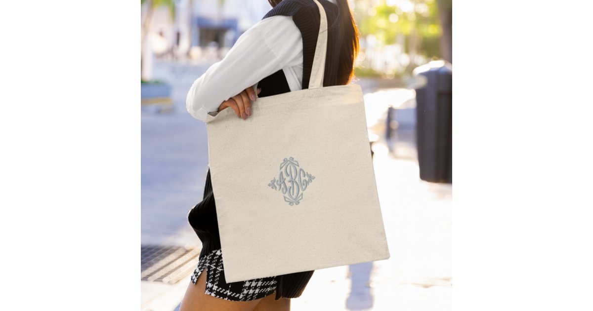 Dusty Blue Elegant Calligraphy Monogram Embroidered Tote Bag | Zazzle