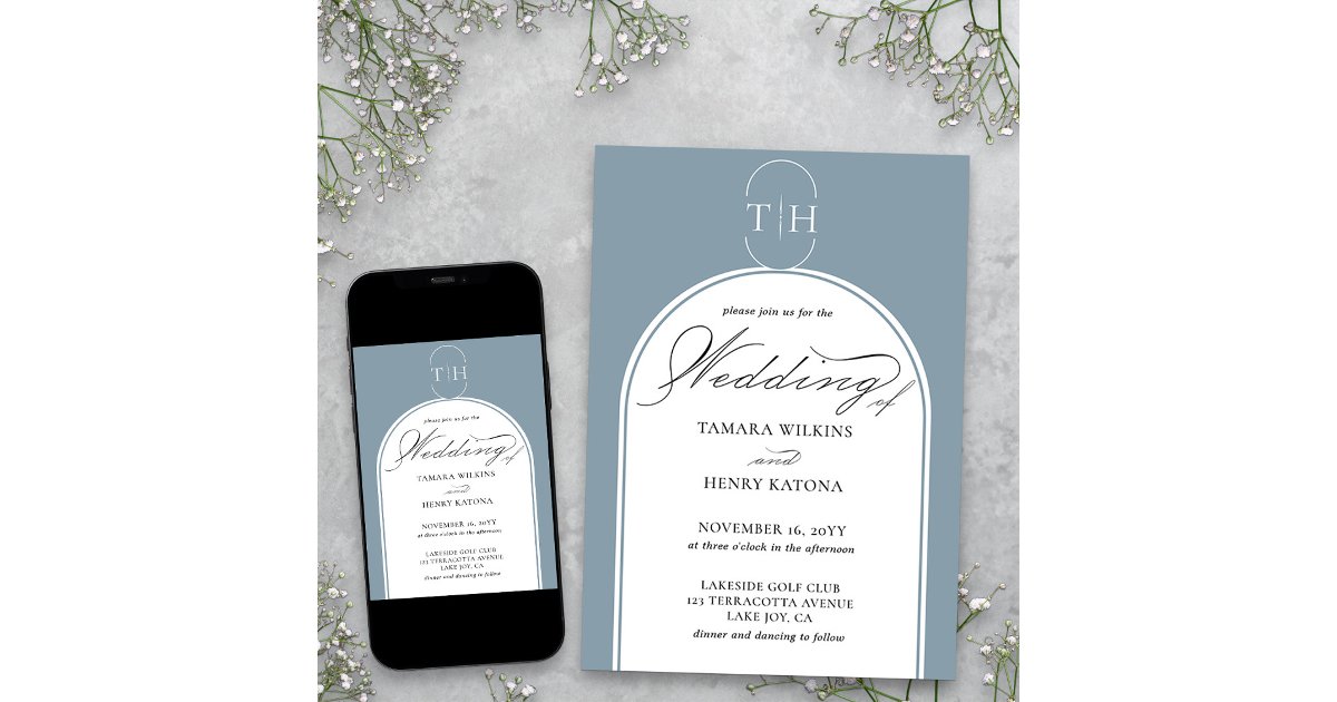 Dusty Blue Elegant Calligraphy Monogrammed Wedding Invitation | Zazzle