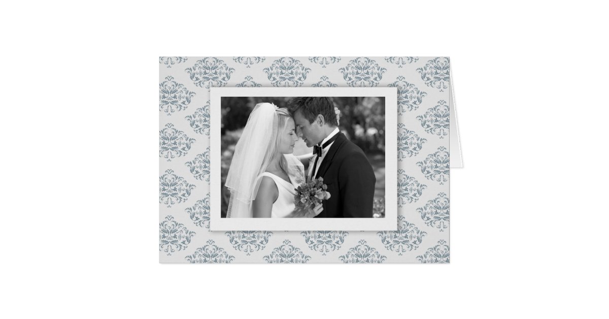 Dusty Blue elegant Damask Photo Thank you Card | Zazzle