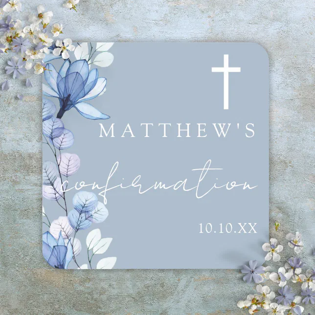 Dusty Blue Elegant Floral Confirmation Square Sticker | Zazzle