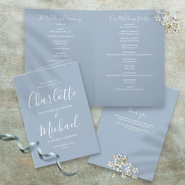 Dusty Blue Elegant Signature Script Wedding Program | Zazzle