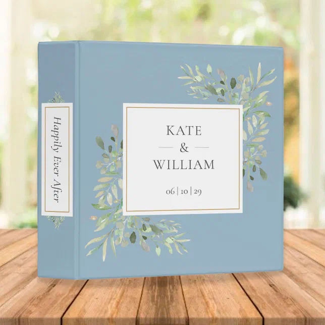 Dusty Blue Elegant Watercolor Greenery Wedding 3 Ring Binder | Zazzle