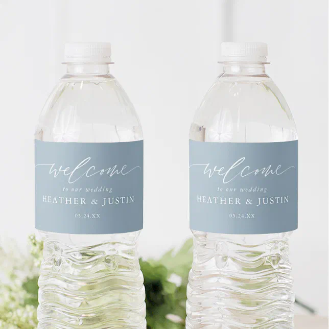 Dusty Blue Elegant Welcome Wedding Water Bottle Label | Zazzle