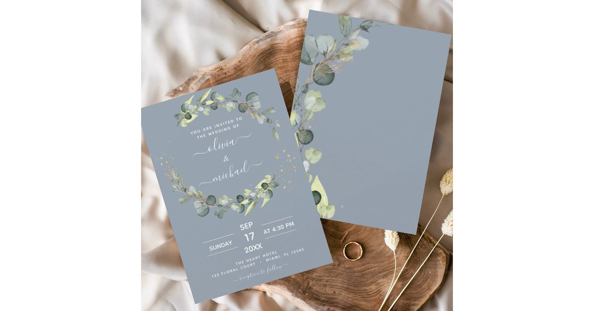 Dusty Blue Eucalyptus Greenery Wedding Elegant Invitation | Zazzle