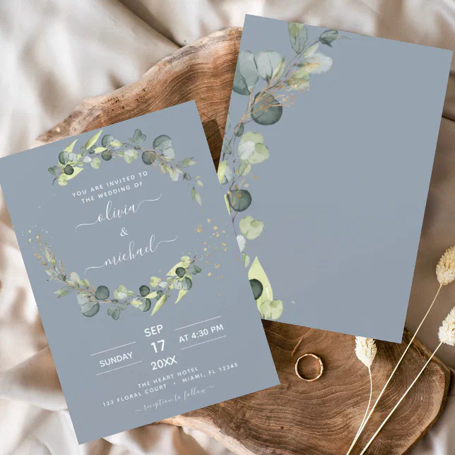 Dusty Blue Eucalyptus Greenery Wedding Elegant Invitation | Zazzle