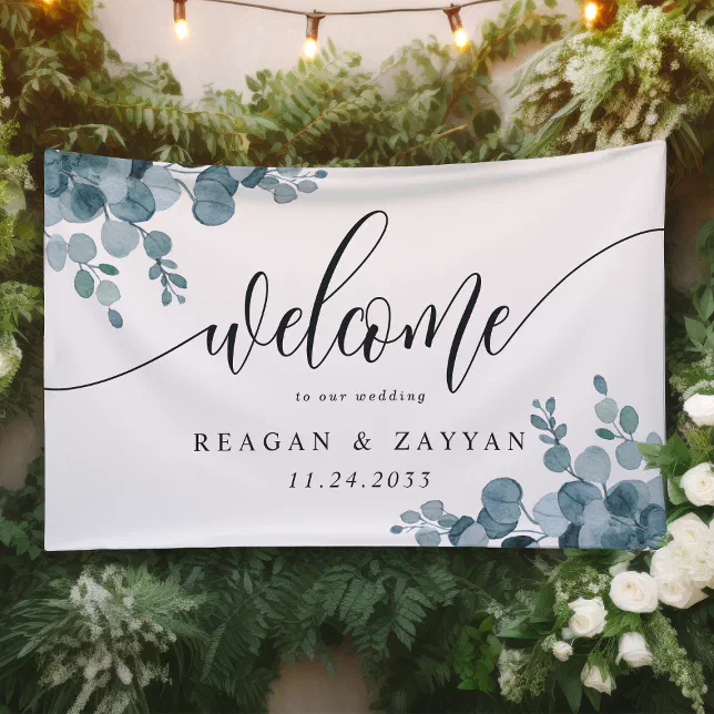 Dusty Blue Eucalyptus Greenery Wedding Welcome Banner | Zazzle