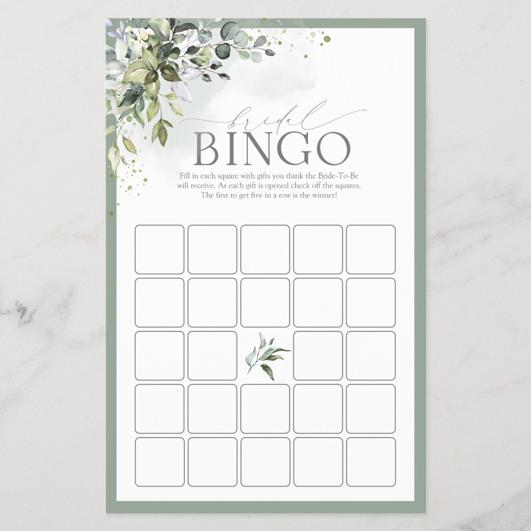Dusty Blue Eucalyptus Watercolor Bridal Bingo Game | Zazzle