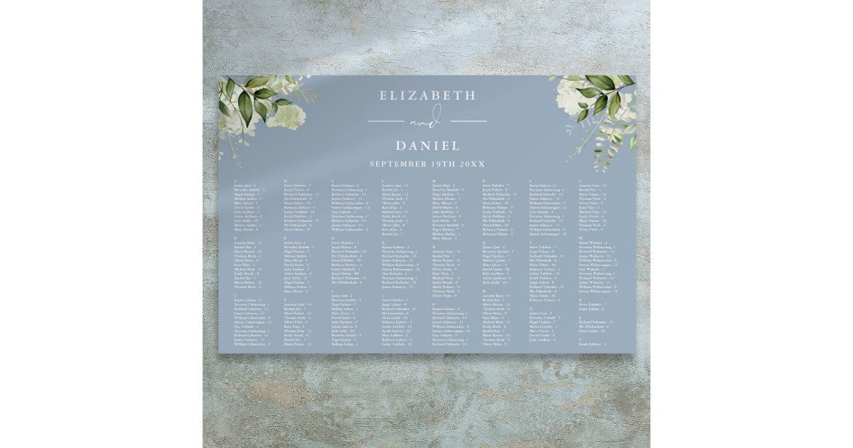 Dusty Blue Floral 300 Names Wedding Seating Chart Foam Board | Zazzle