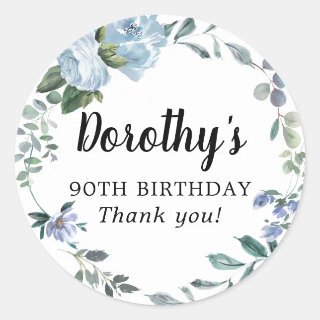Dusty Blue Floral 90th Birthday Thank You Classic Round Sticker | Zazzle