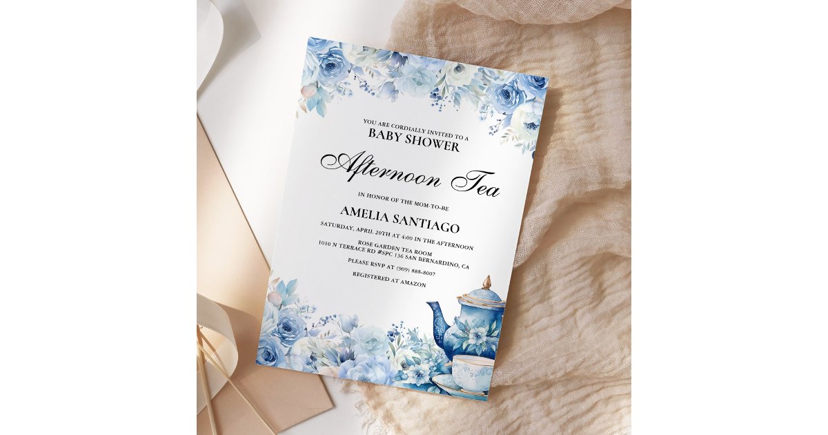 Dusty Blue Floral Afternoon Tea Baby Shower Invitation | Zazzle