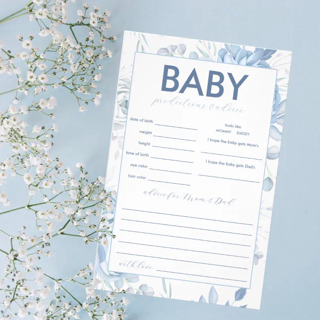 Dusty Blue Floral Baby Predictions and Advice Game Flyer | Zazzle
