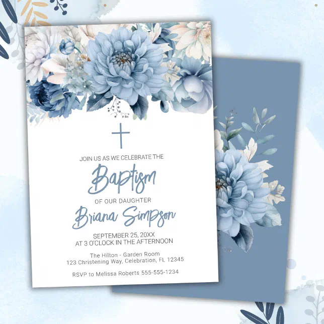 Dusty Blue Floral Baptism Invitation | Zazzle