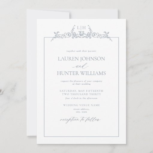 Dusty Blue Floral Border Monogram Wedding Invitation | Zazzle