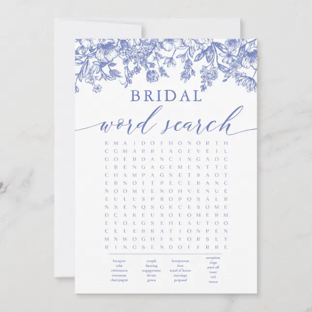 Dusty Blue Floral Bridal Shower Word Search Game Invitation | Zazzle