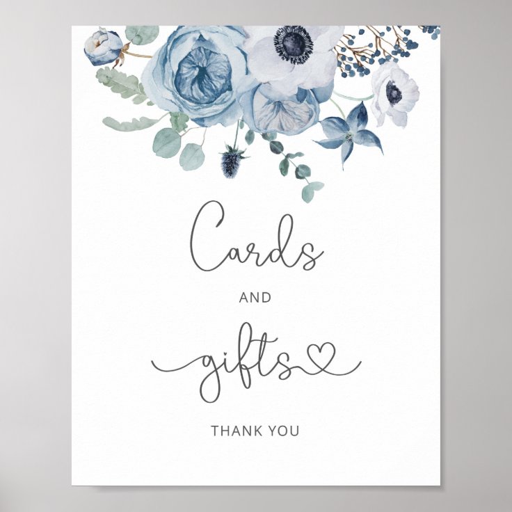 Dusty blue floral cards and gifts poster | Zazzle