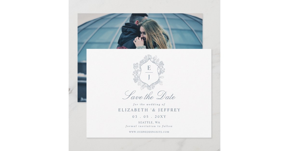 Dusty Blue Floral Crest Monogram Photo Save The Date | Zazzle