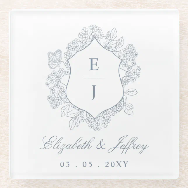 Dusty Blue Floral Crest Monogram Wedding Glass Coaster | Zazzle