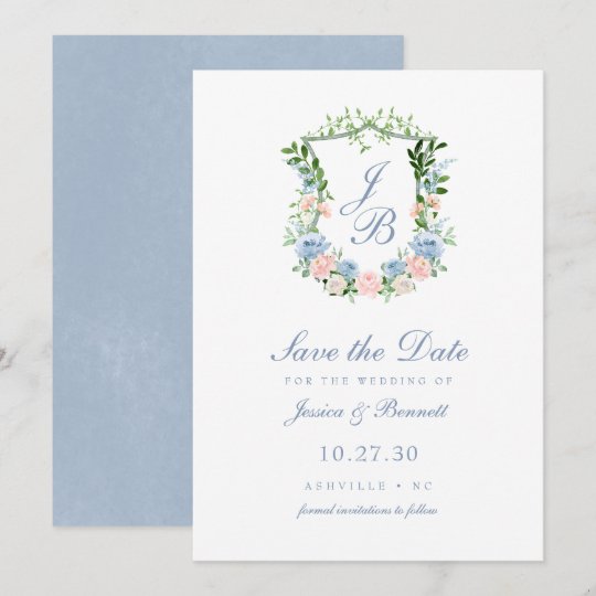 Dusty Blue Floral Crest Wedding Save The Date | Zazzle.com