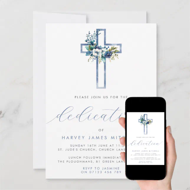 Dusty Blue Floral Cross Baby Dedication Invitation | Zazzle