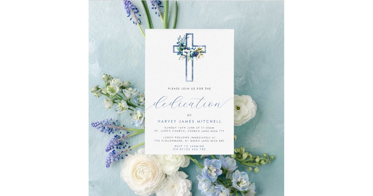 Dusty Blue Floral Cross Baby Dedication Invitation | Zazzle
