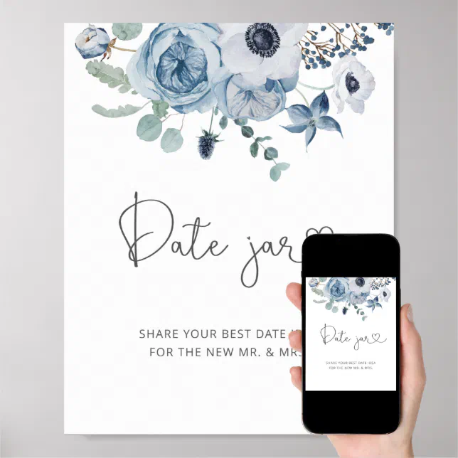 Dusty blue floral date jar sign. Date night ideas Poster | Zazzle