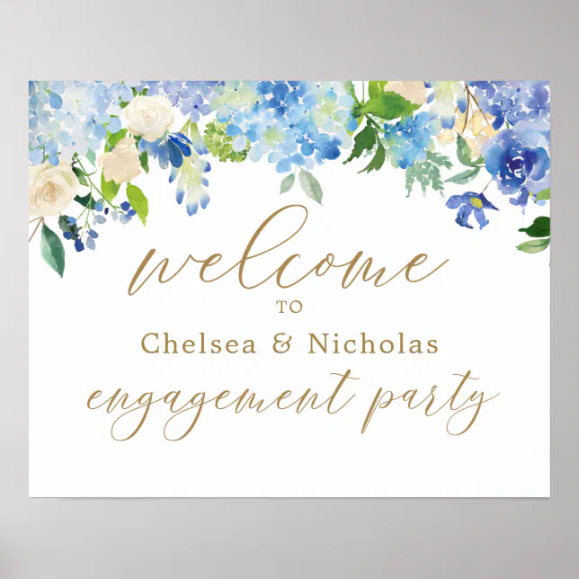Dusty Blue Floral Engagement Party Welcome Poster | Zazzle