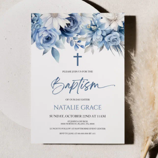 Dusty Blue Floral Flowers Baptism Invitation | Zazzle