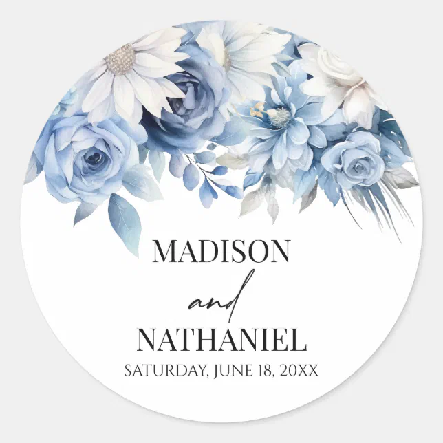 Dusty Blue Floral Flowers Botanical Wedding Classic Round Sticker | Zazzle