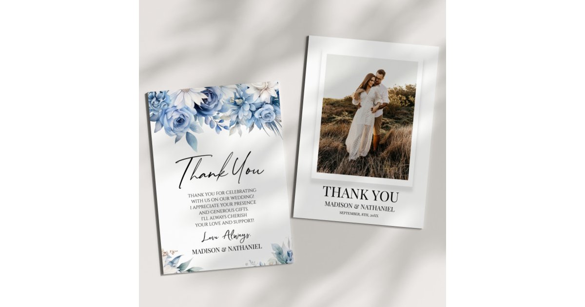 Dusty Blue Floral Flowers Custom Photo Thank You Card | Zazzle