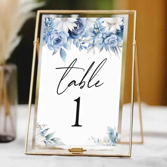 Dusty Blue Floral Flowers Garden Wedding Table Number | Zazzle
