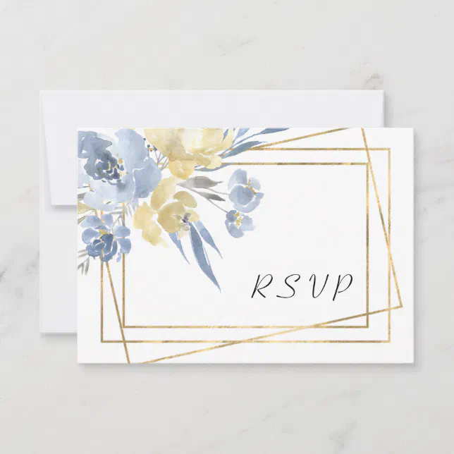 Dusty Blue Floral Geometric Gold Frame Wedding RSVP Card | Zazzle