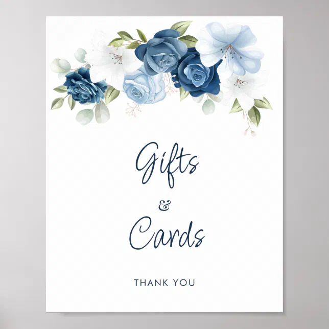 Dusty Blue Floral Gifts and Cards Wedding Poster | Zazzle