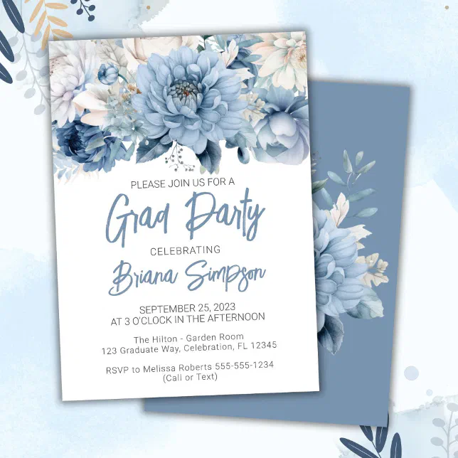 Dusty Blue Floral Graduation Grad Party Invitation | Zazzle