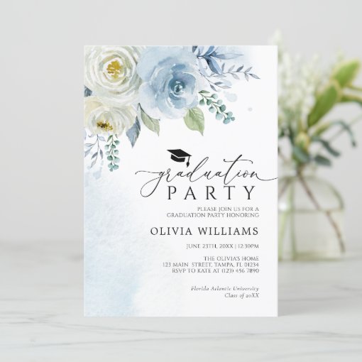 Dusty Blue Floral Graduation Party Invitation | Zazzle