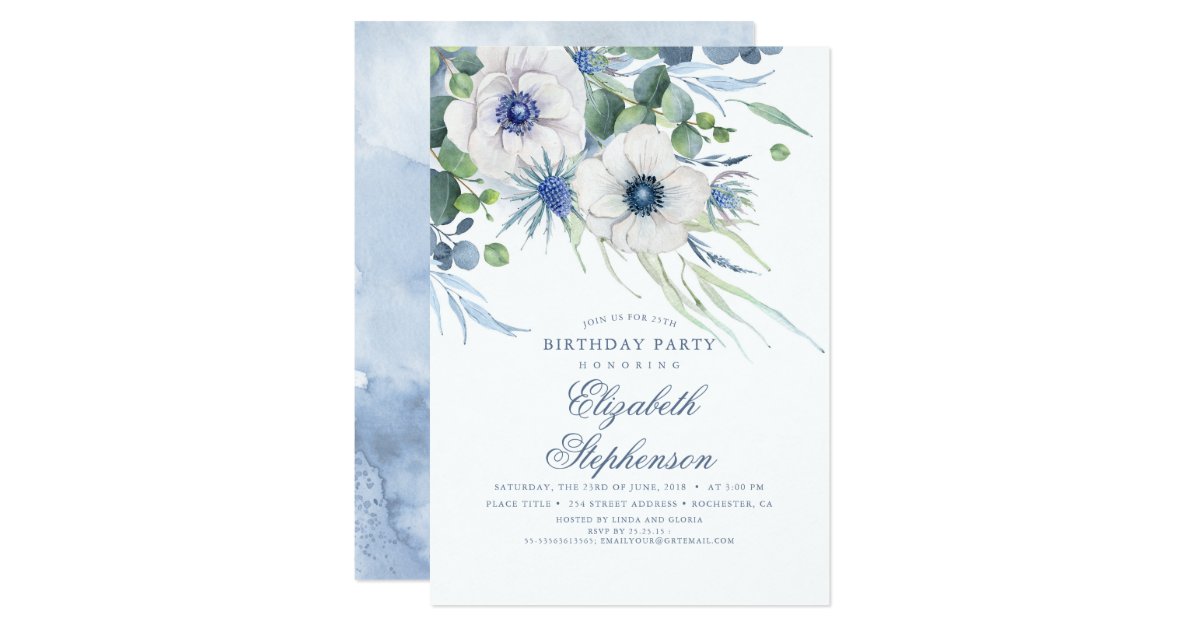 Dusty Blue Floral Greenery Elegant Birthday Invitation | Zazzle.com