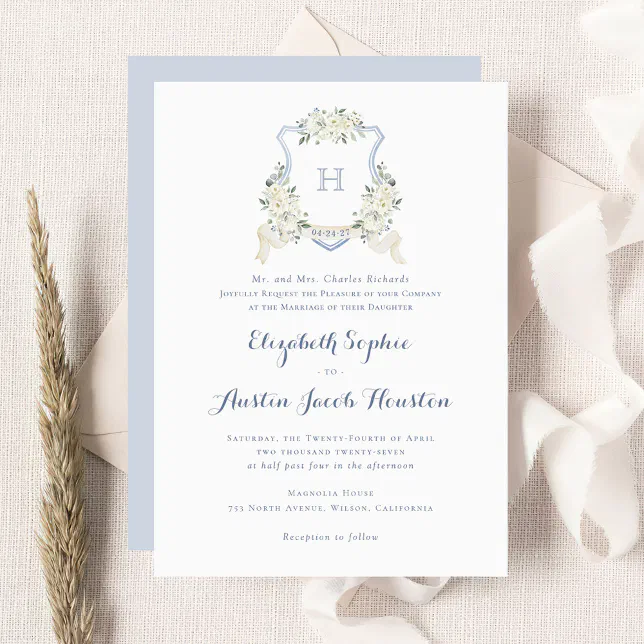 Dusty Blue Floral Greenery Monogram Crest Wedding Invitation | Zazzle