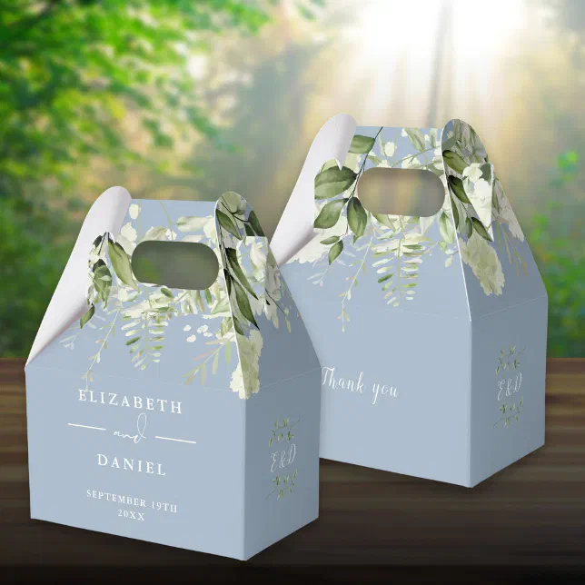Dusty Blue Floral Greenery Monogram Wedding Favor Boxes | Zazzle