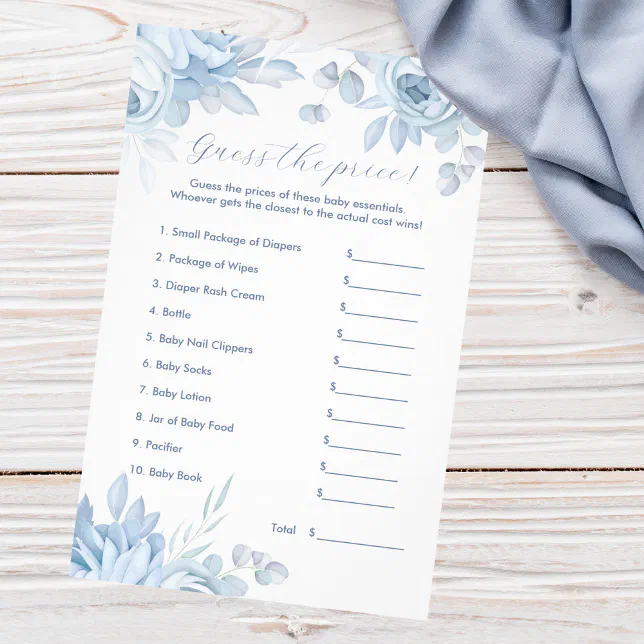 Dusty Blue Floral Guess The Price Baby Shower Game Flyer | Zazzle