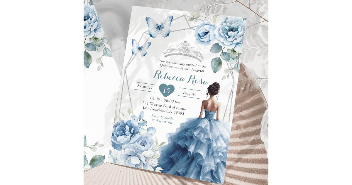 Dusty Blue Floral Mexican Princess Quinceañera Invitation | Zazzle