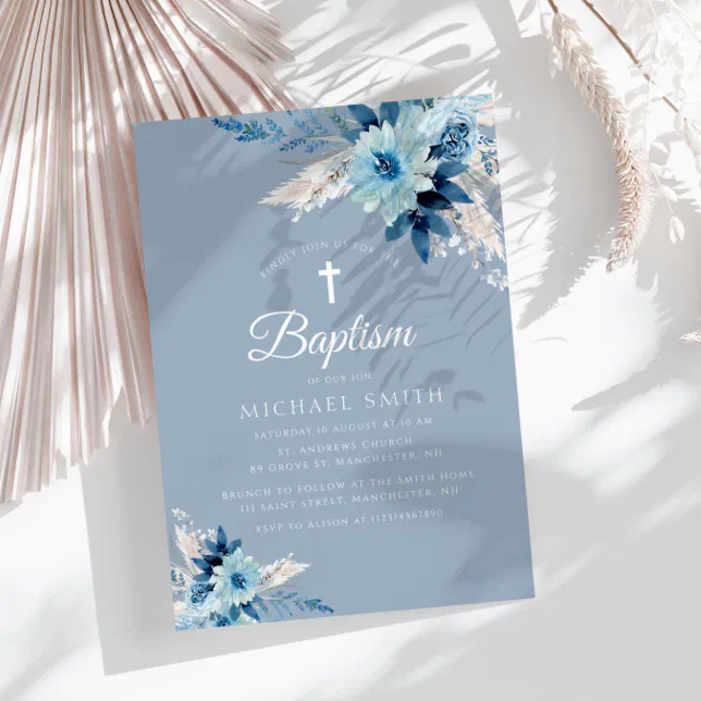 Dusty blue floral modern baptism invitation | Zazzle