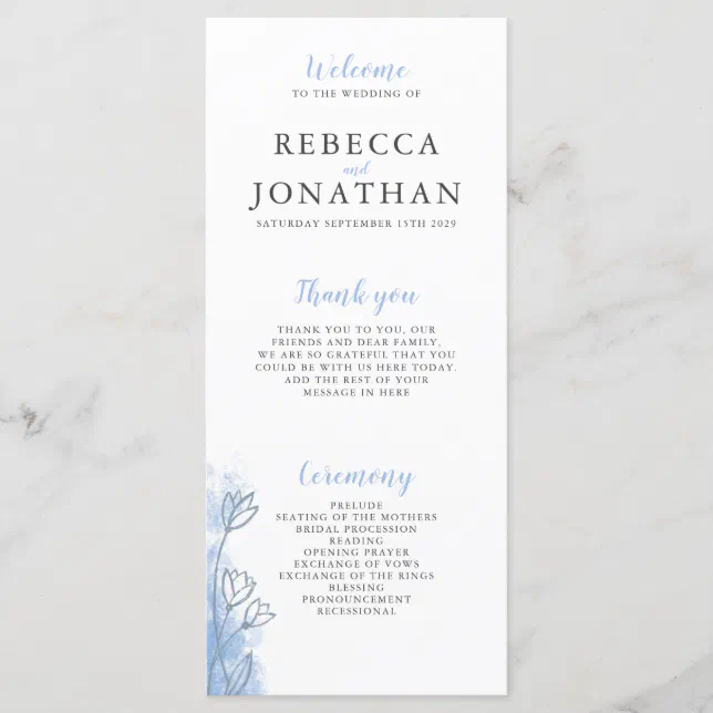 Dusty Blue Floral Modern Wedding Program Card | Zazzle