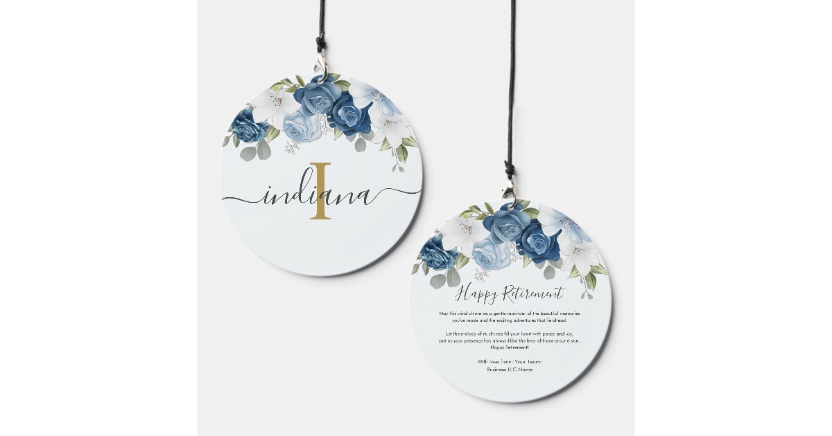 Dusty Blue Floral Monogram Retirement Personalized Wind Chime | Zazzle