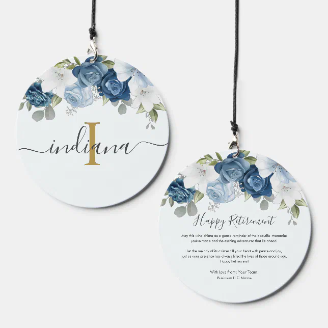 Dusty Blue Floral Monogram Retirement Personalized Wind Chime | Zazzle