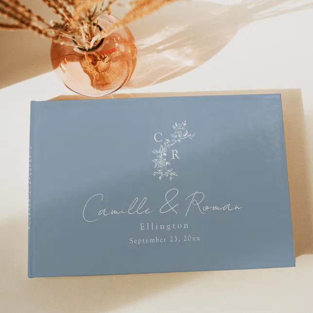 Dusty Blue Floral Monogrammed Calligraphy Wedding Guest Book | Zazzle